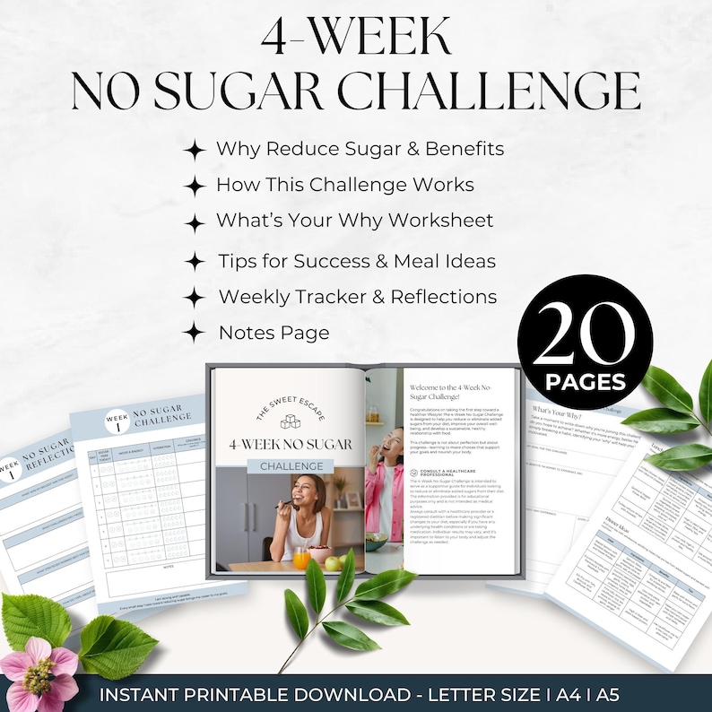 30 Day No Sugar Challenge, Sugar Detox Tracker, No Sweets Diet Health ...