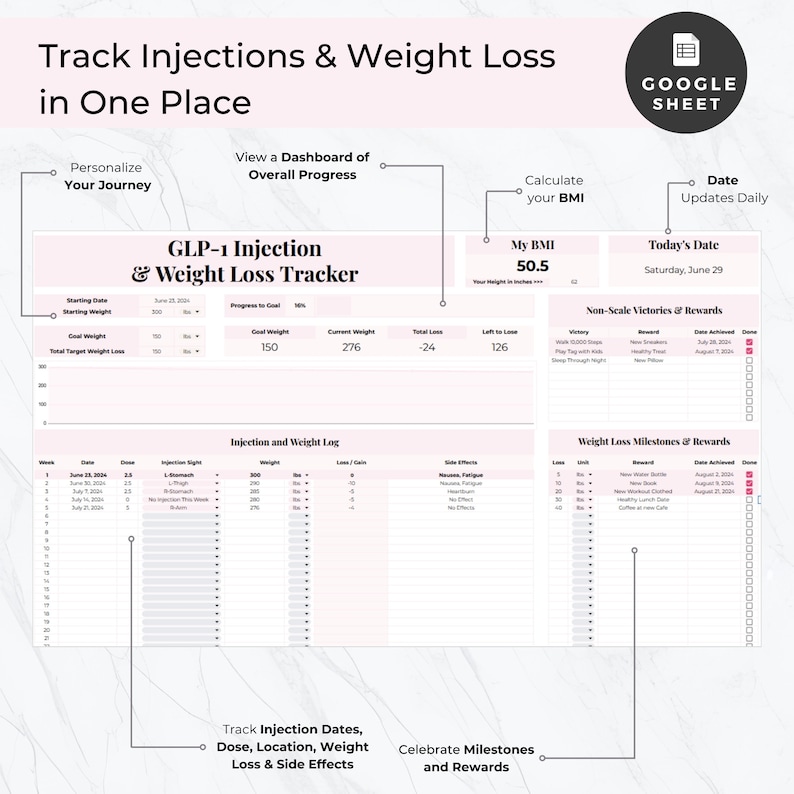 GLP1 Injection Tracker Google Sheet, Tirzepatide Weight Loss Tracker ...