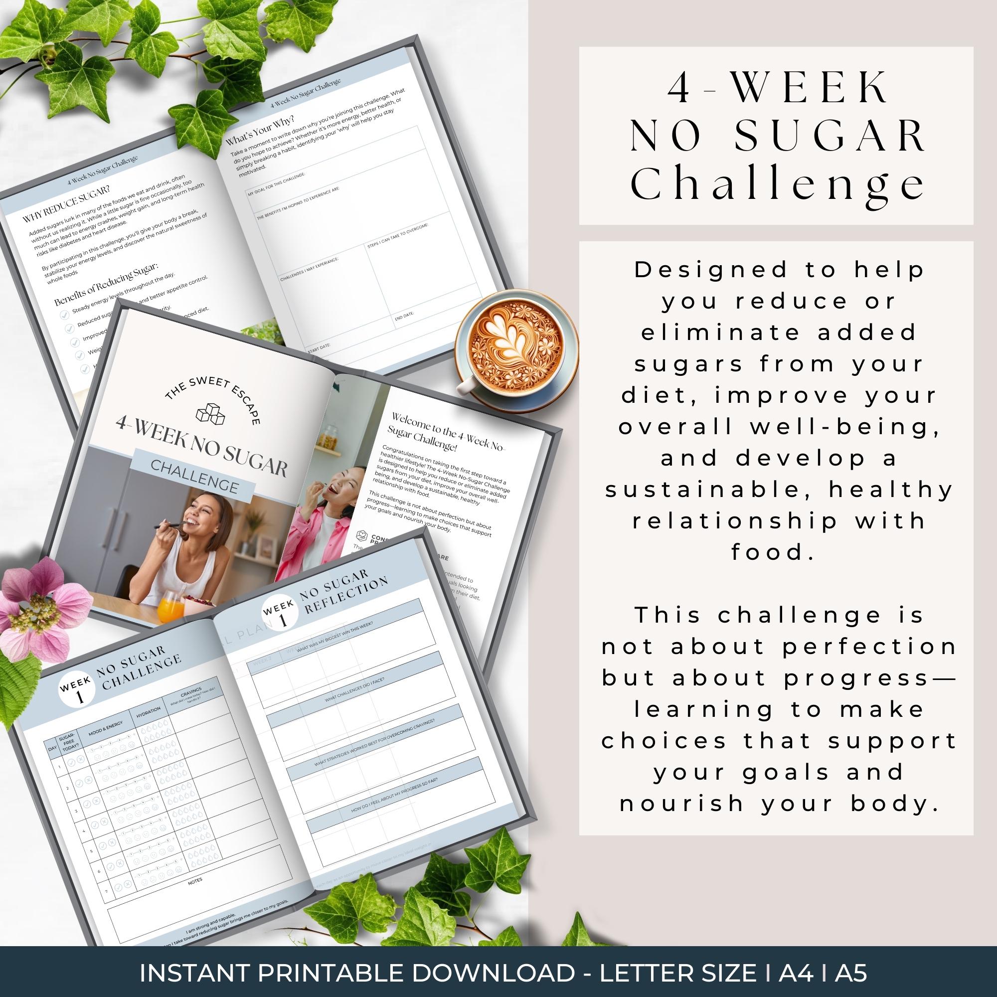 30 Day No Sugar Challenge, Sugar Detox Tracker, No Sweets Diet Health ...