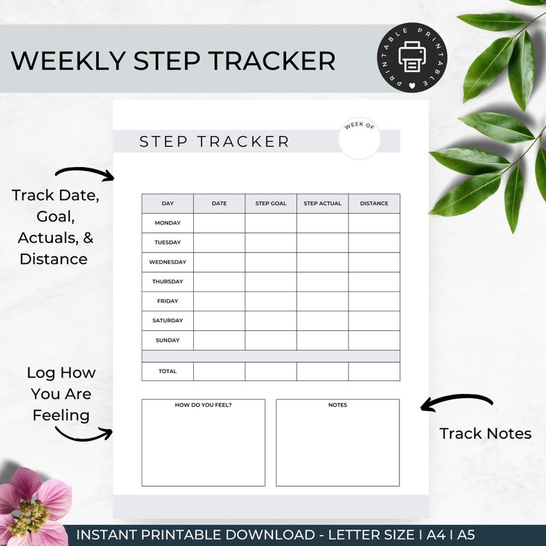 Step Tracker Printable, Daily Step Log, Fitness Tracker, Health Journal ...