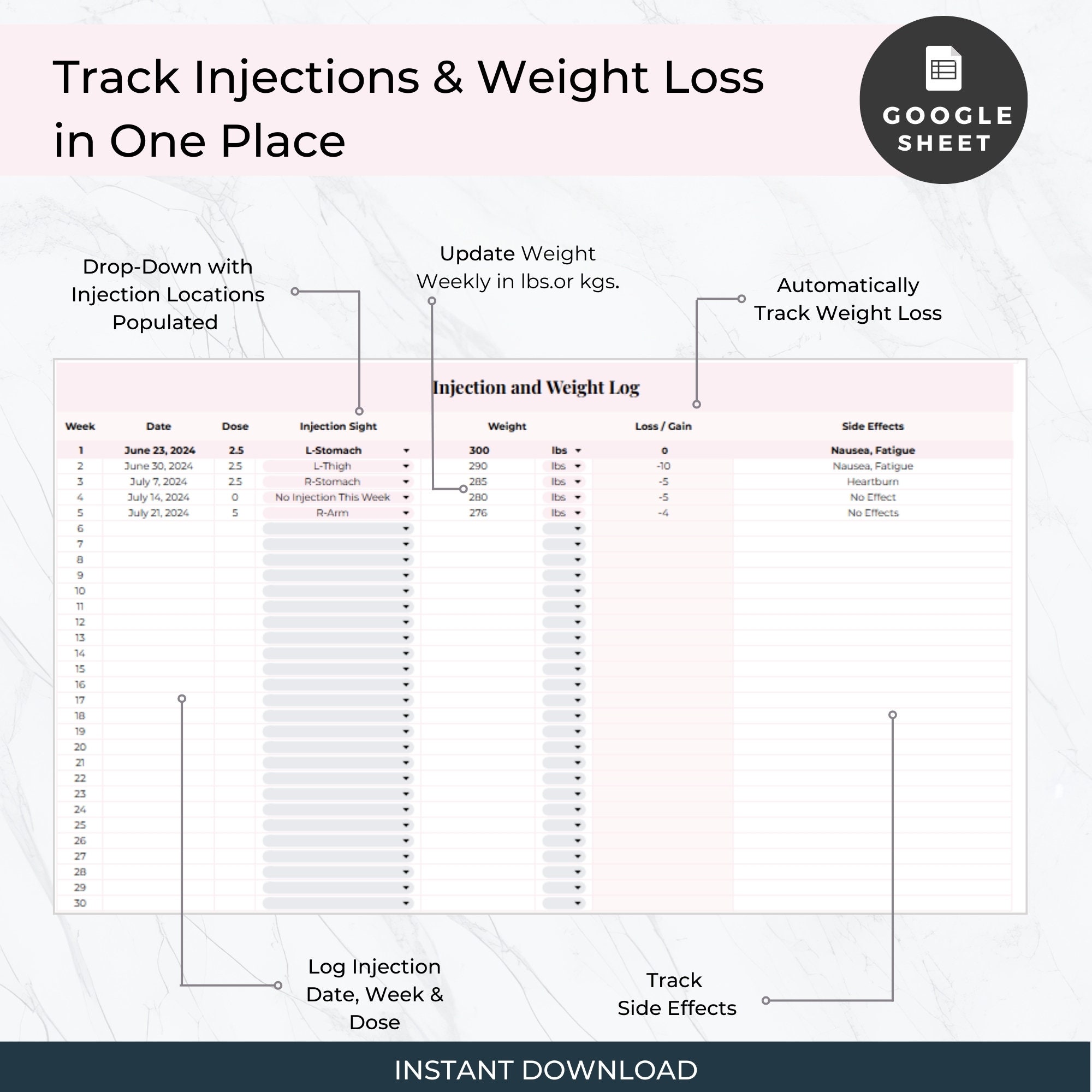 GLP1 Injection Tracker Google Sheet, Tirzepatide Weight Loss Tracker ...