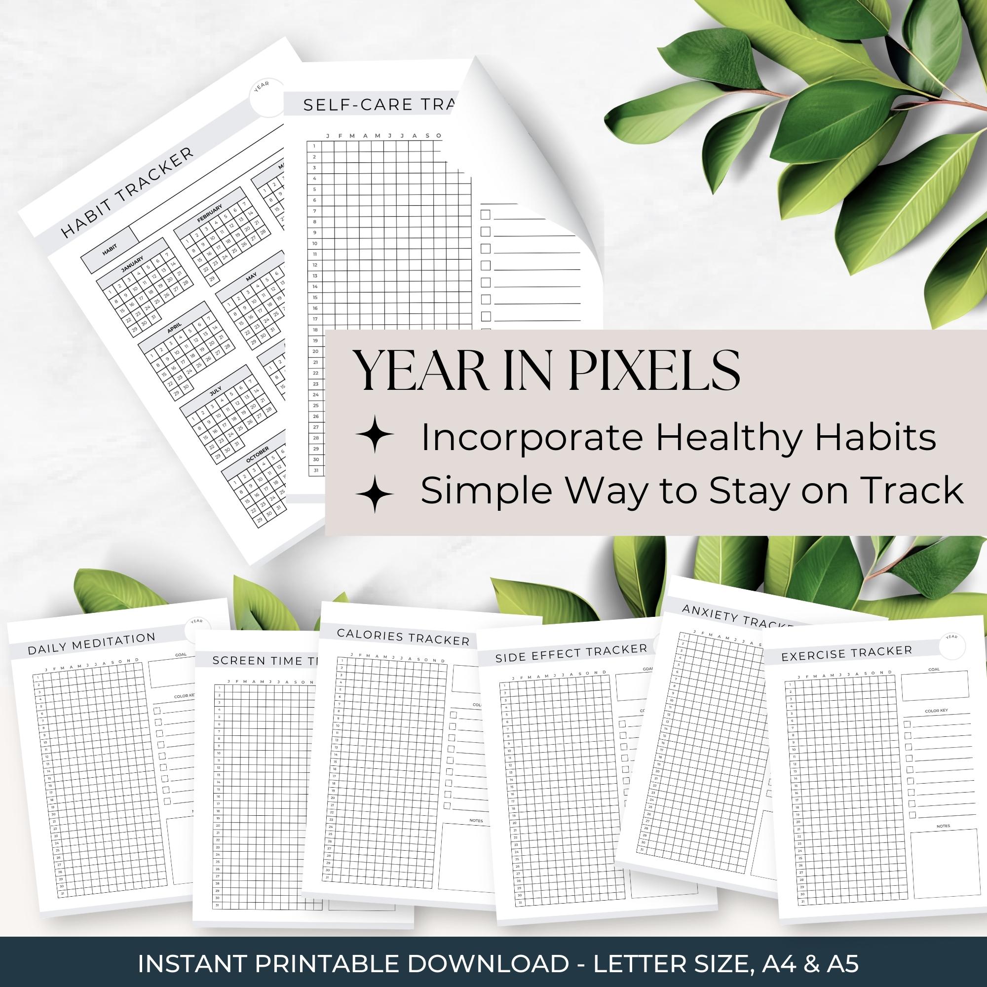 Year in Pixels Printable, Daily Habit Tracker, Bullet Journal Page ...
