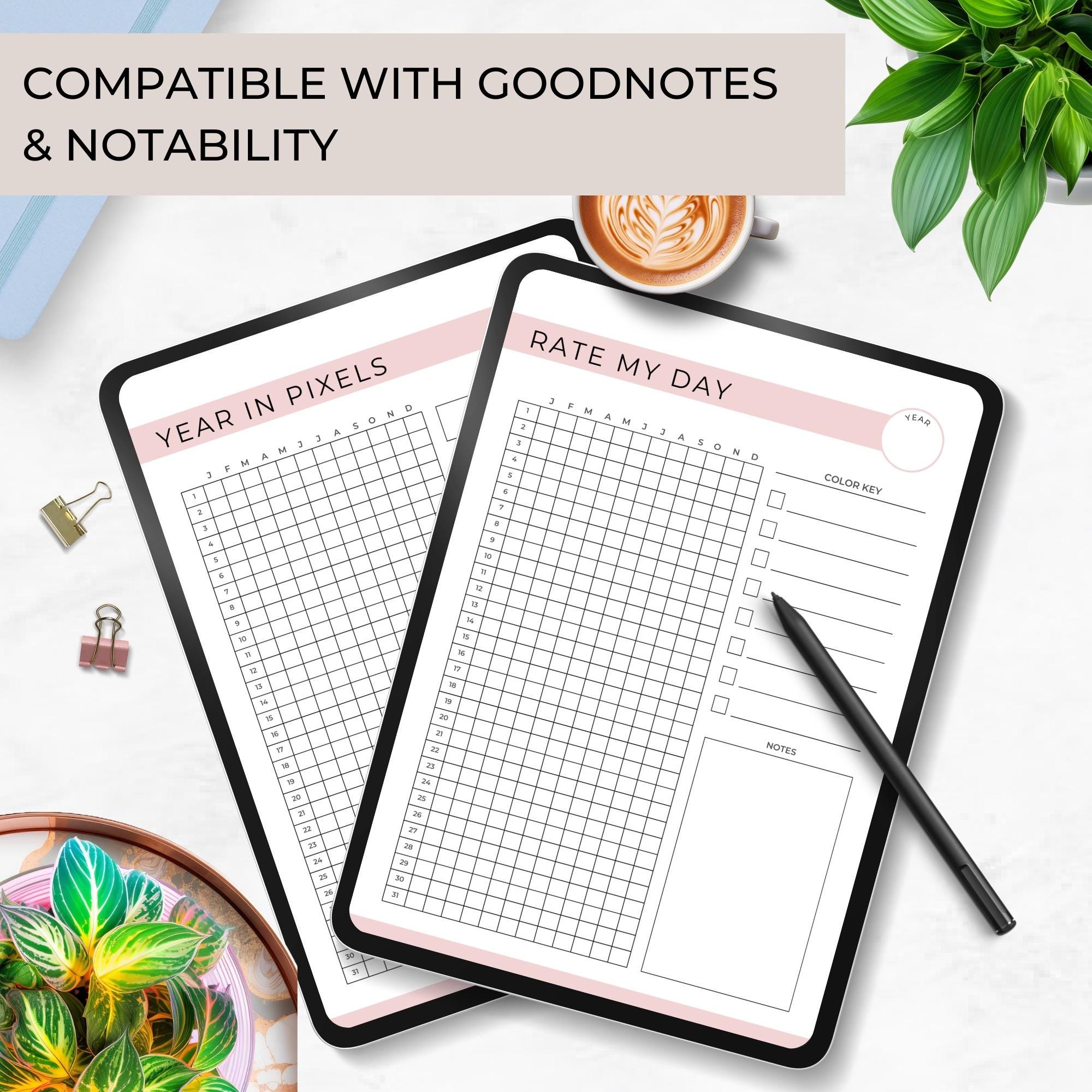 Year in Pixels Printable, Daily Habit Tracker, Bullet Journal Page ...