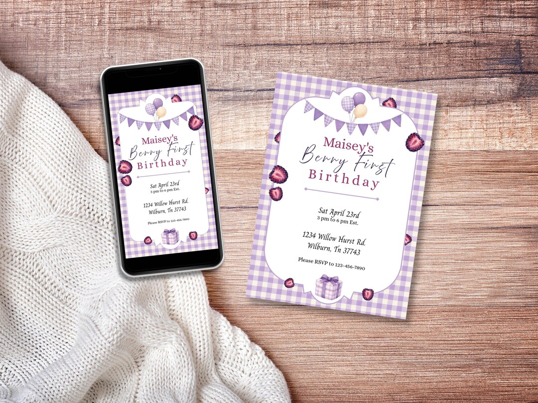 Berry First Birthday Invitation, Blackberry Gingham Jubilee, Editable ...