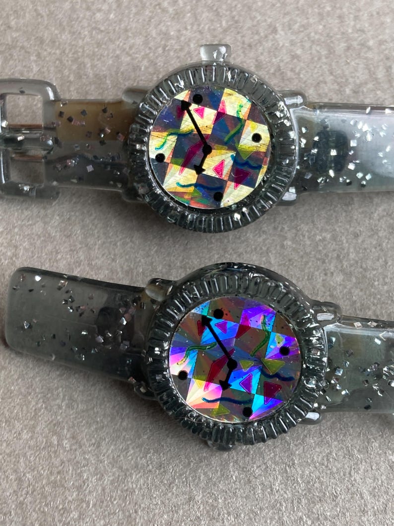 Vintage Gray Glitter Watch Barrette Set Iridescent Rainbow Wristwatch ...