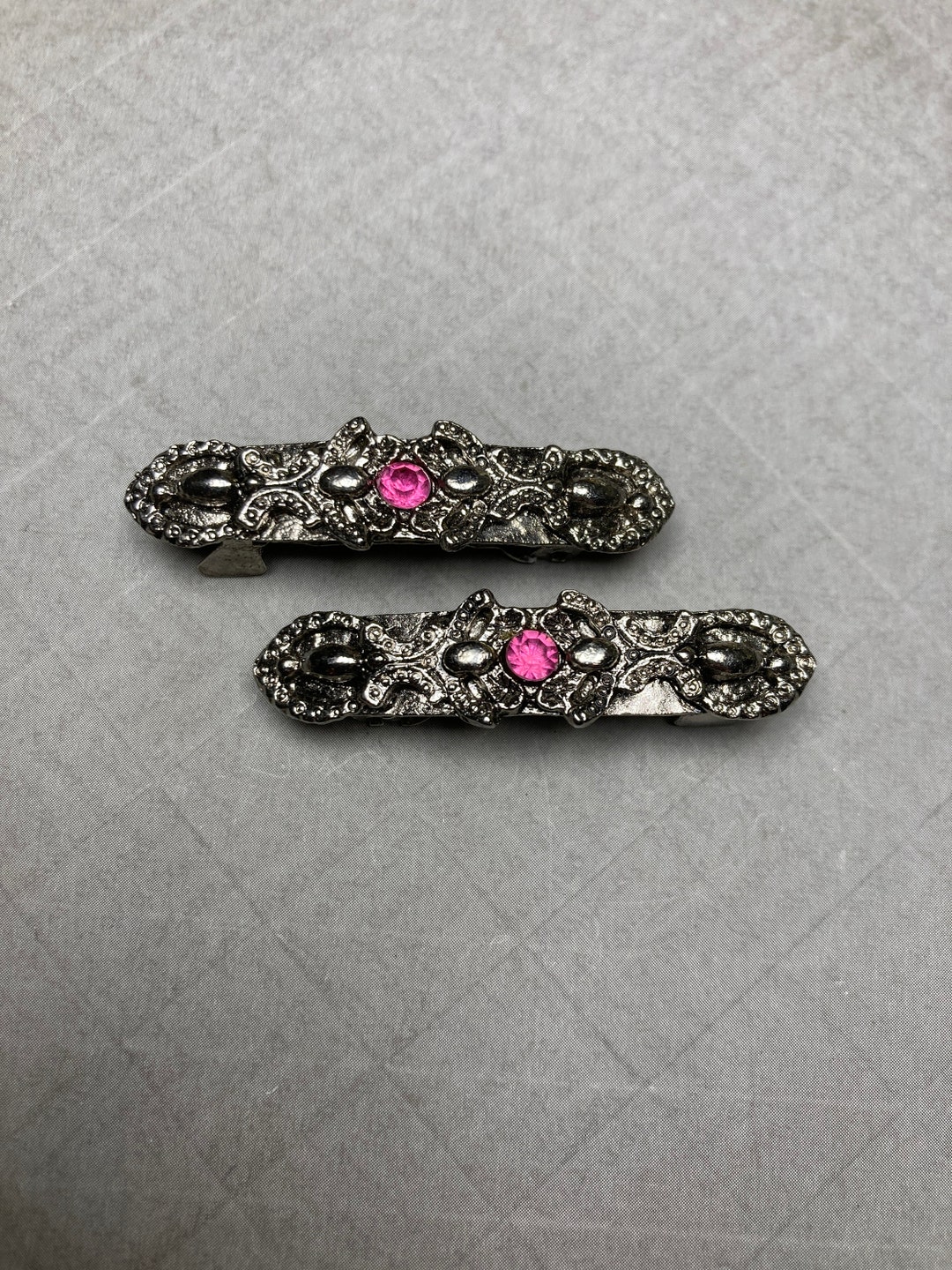 Vintage Barrette Set Small Ornate Aged Silver Metal Pink Rhinestone ...