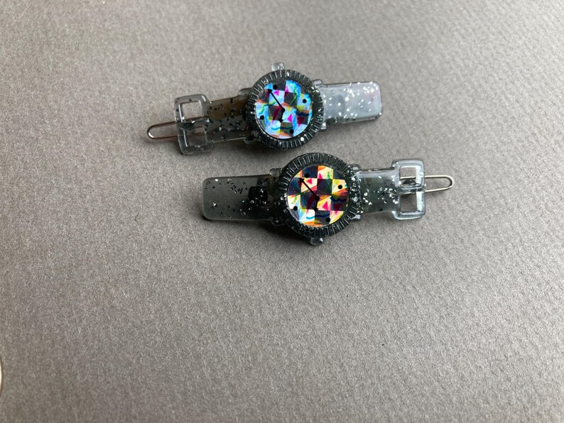Vintage Gray Glitter Watch Barrette Set Iridescent Rainbow Wristwatch ...