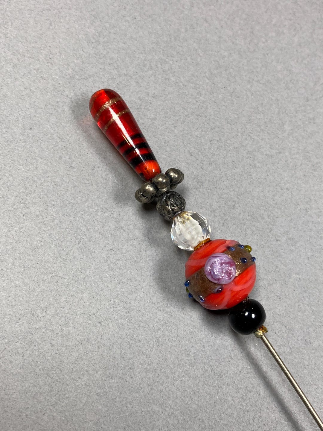 Long Vintage Beaded Shawl Stick Pin Handmade Red Black Venetian Glass ...