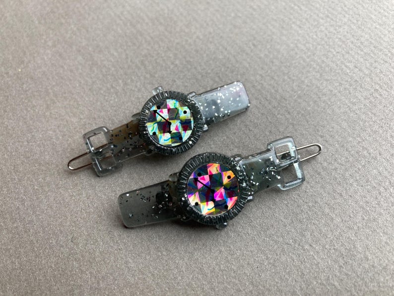 Vintage Gray Glitter Watch Barrette Set Iridescent Rainbow Wristwatch ...