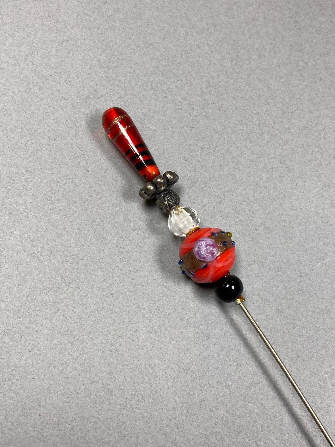 Vintage Beaded Shawl Stick Pin: Red Black Venetian Glass Scarf Brooch ...