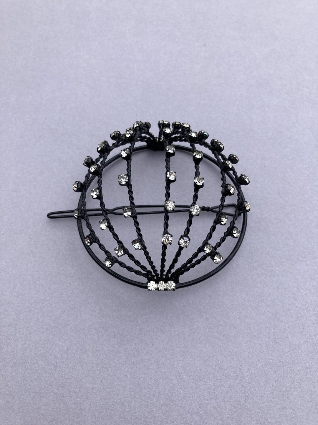 Vintage Metal Bun Cage Barrette Black Rhinestone Open Dome Bun Holder ...