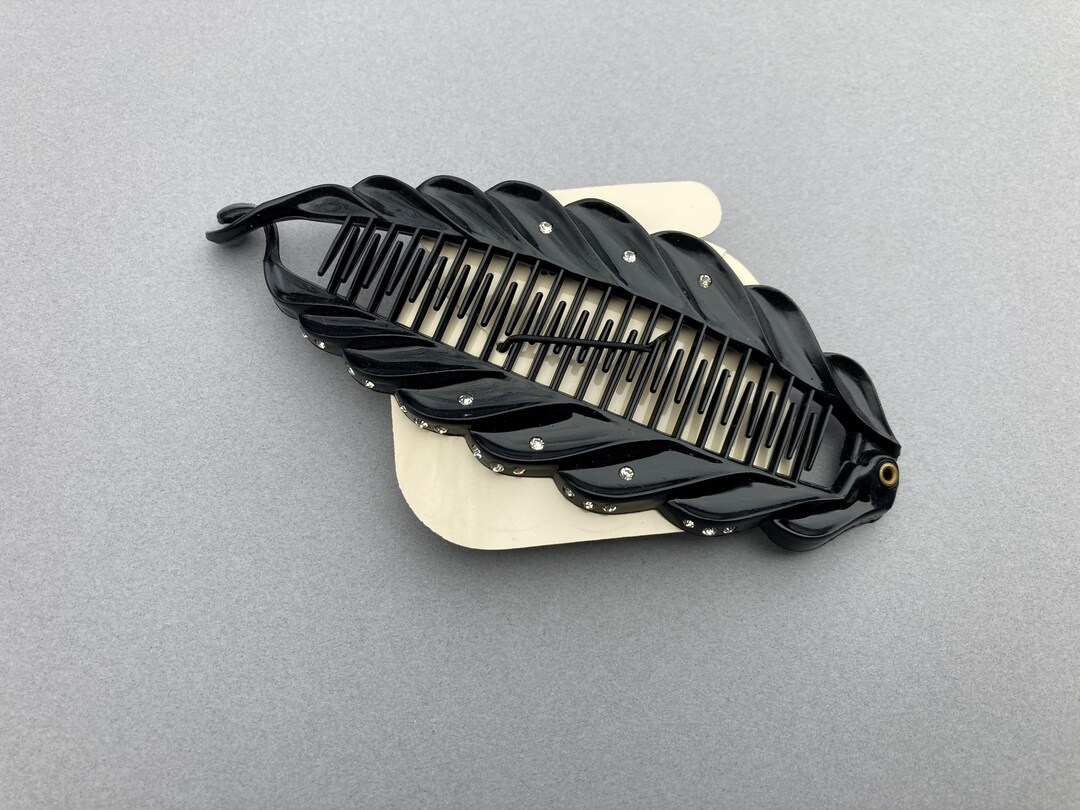 Vintage Banana Clip Comb Long Glossy Black Rhinestone Cascade Hair Clip ...