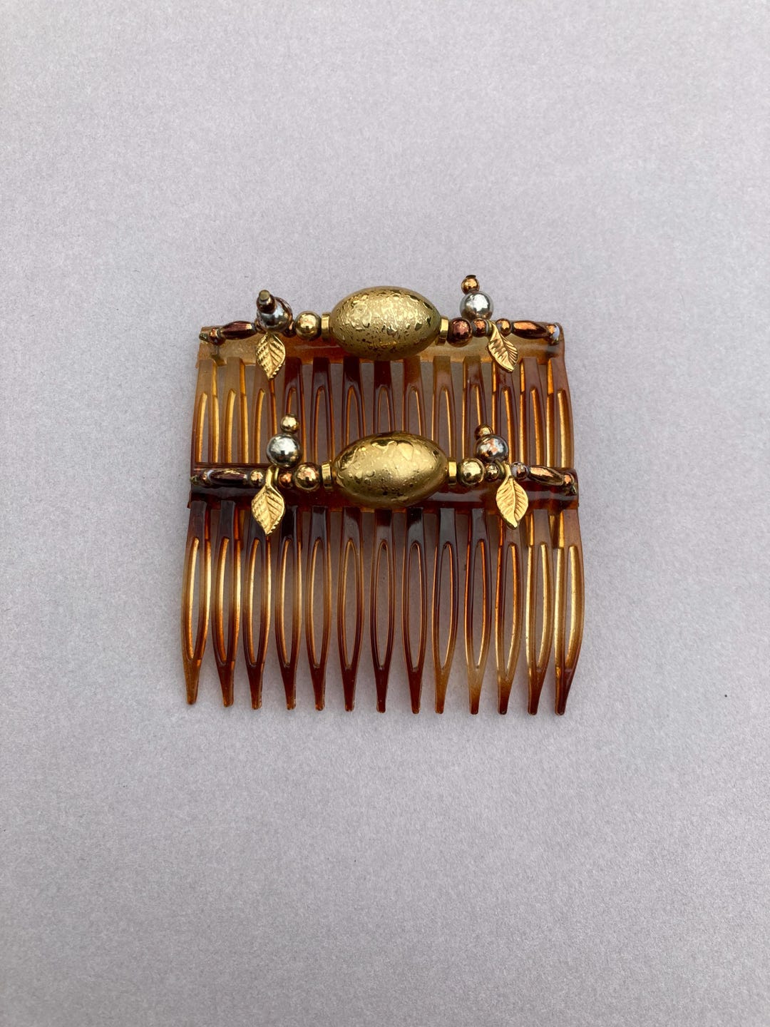 Vintage Brown Beaded Hair Comb Set Decorated Faux Tortoise French Side ...