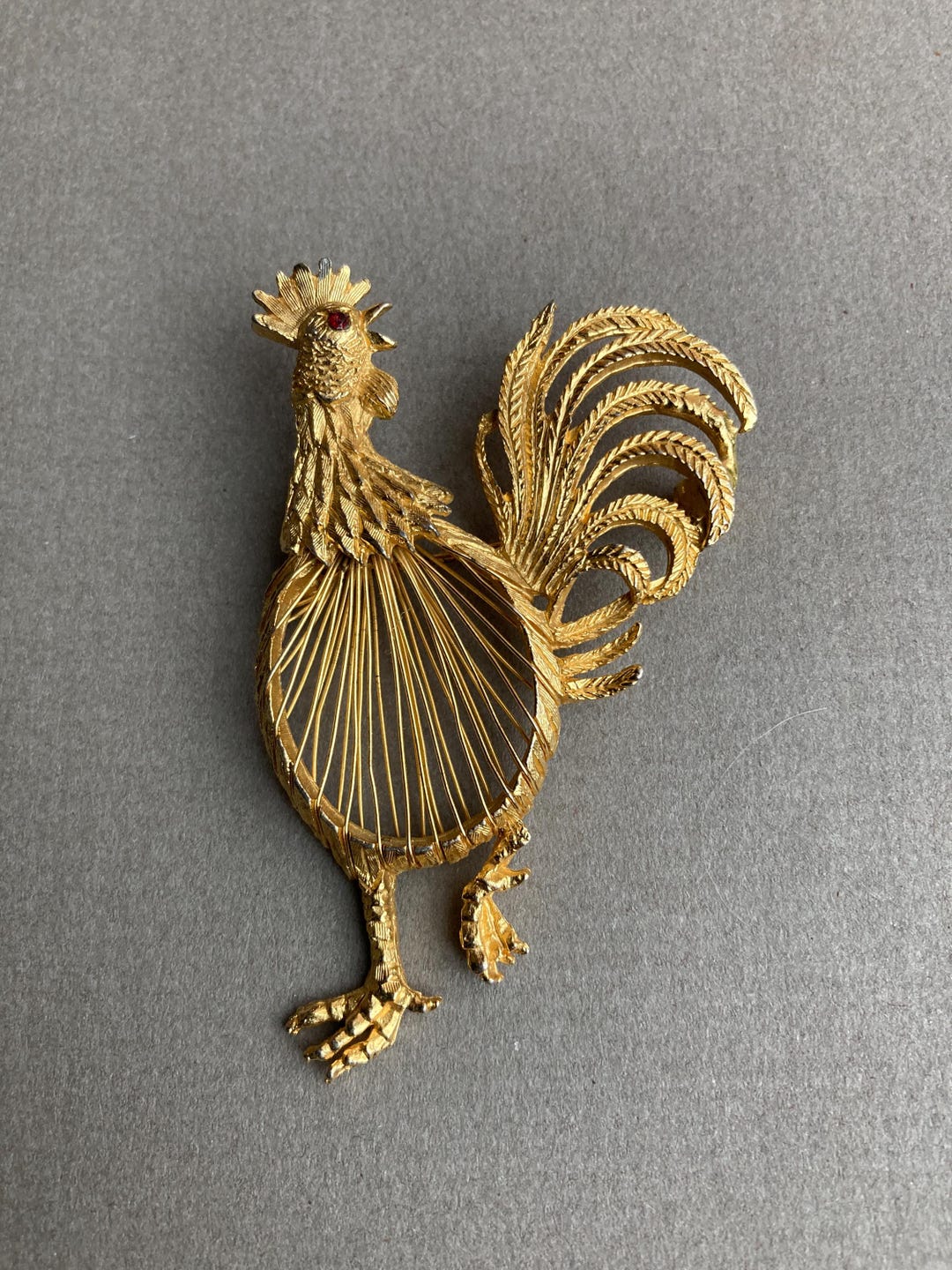 Vintage Rooster Brooch Shiny Gold Tone Metal Wire Rhinestone Farm ...