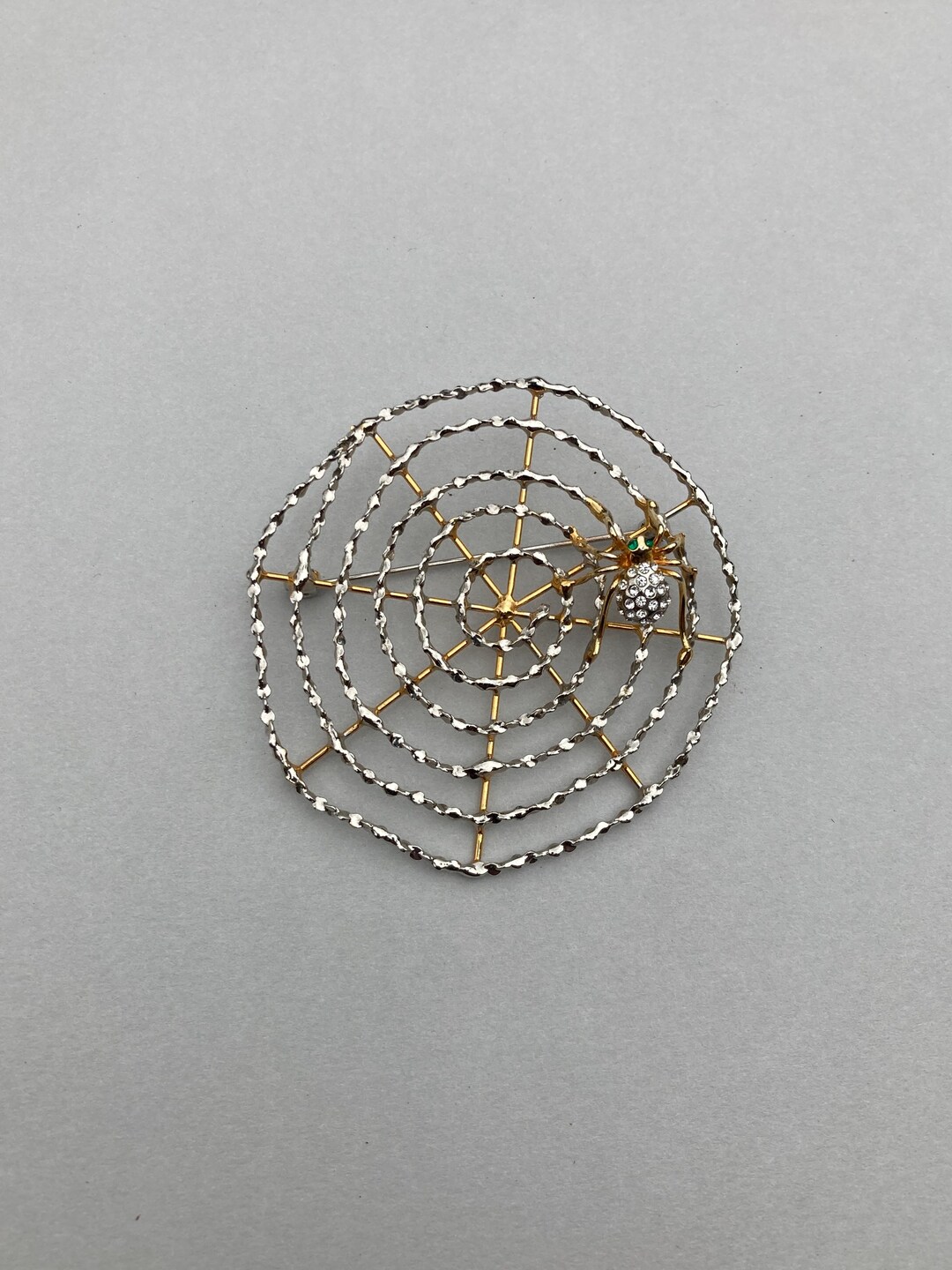 Large Vintage Spider on Web Brooch Silver Gold Hammered Metal Open Web ...