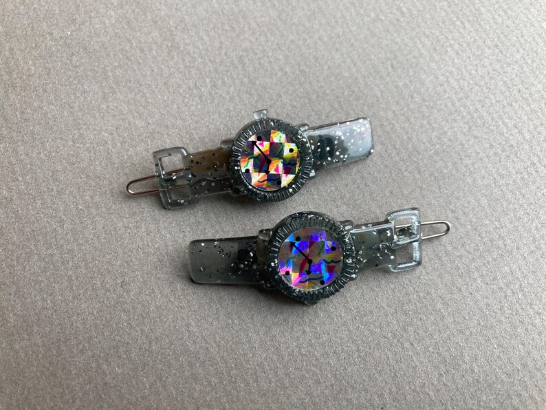 Vintage Gray Glitter Watch Barrette Set Iridescent Rainbow Wristwatch ...