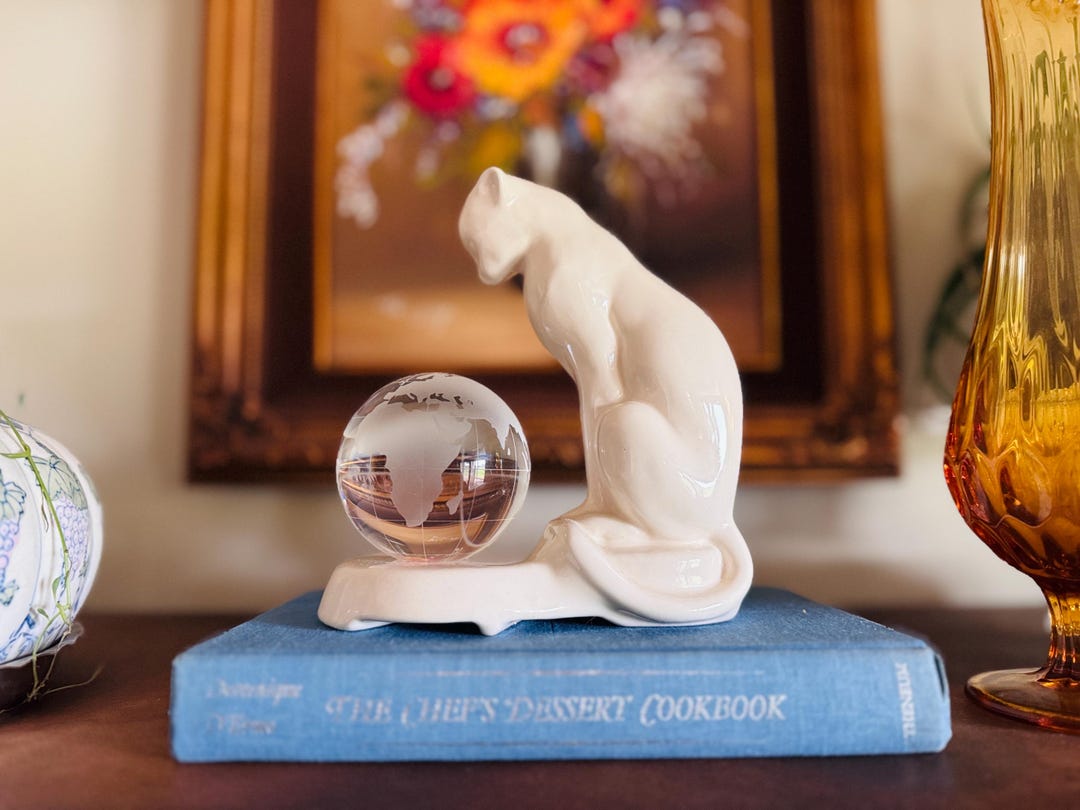 Vintage Oleg Cassini Crystal Globe Paperweight & Ceramic Cat Sculpture ...
