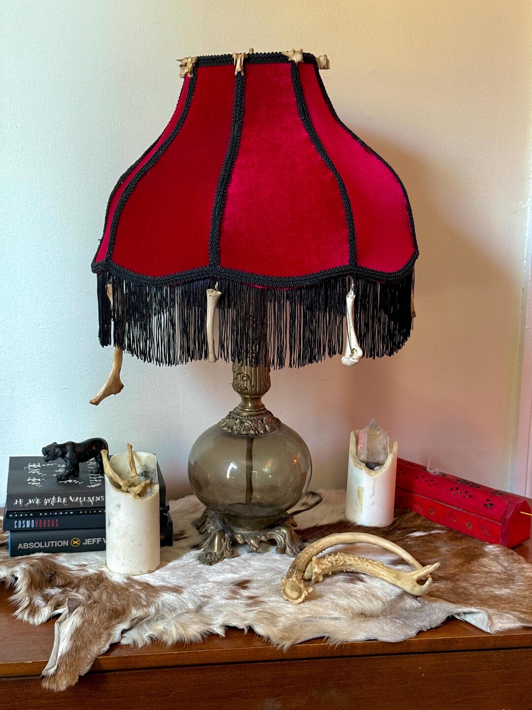 Dark Red Velvet Victorian Lampshade With Real Bones - Etsy