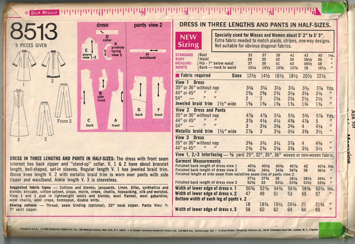 1969 Simplicity 8513 Retro Mod Dress Sewing Pattern Vintage Size 14.5 ...