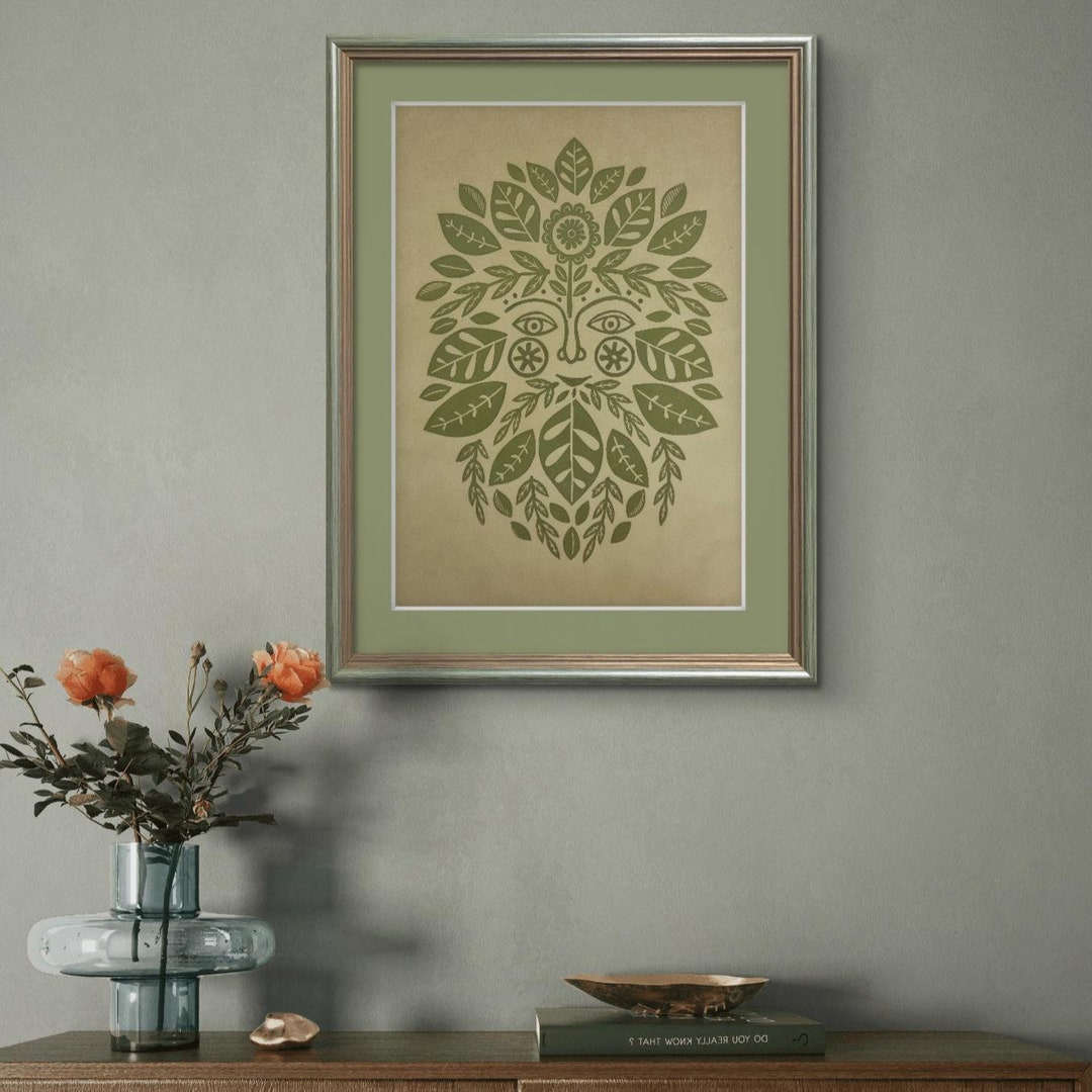 Green Man Original Lino Print - Modern Style - Etsy