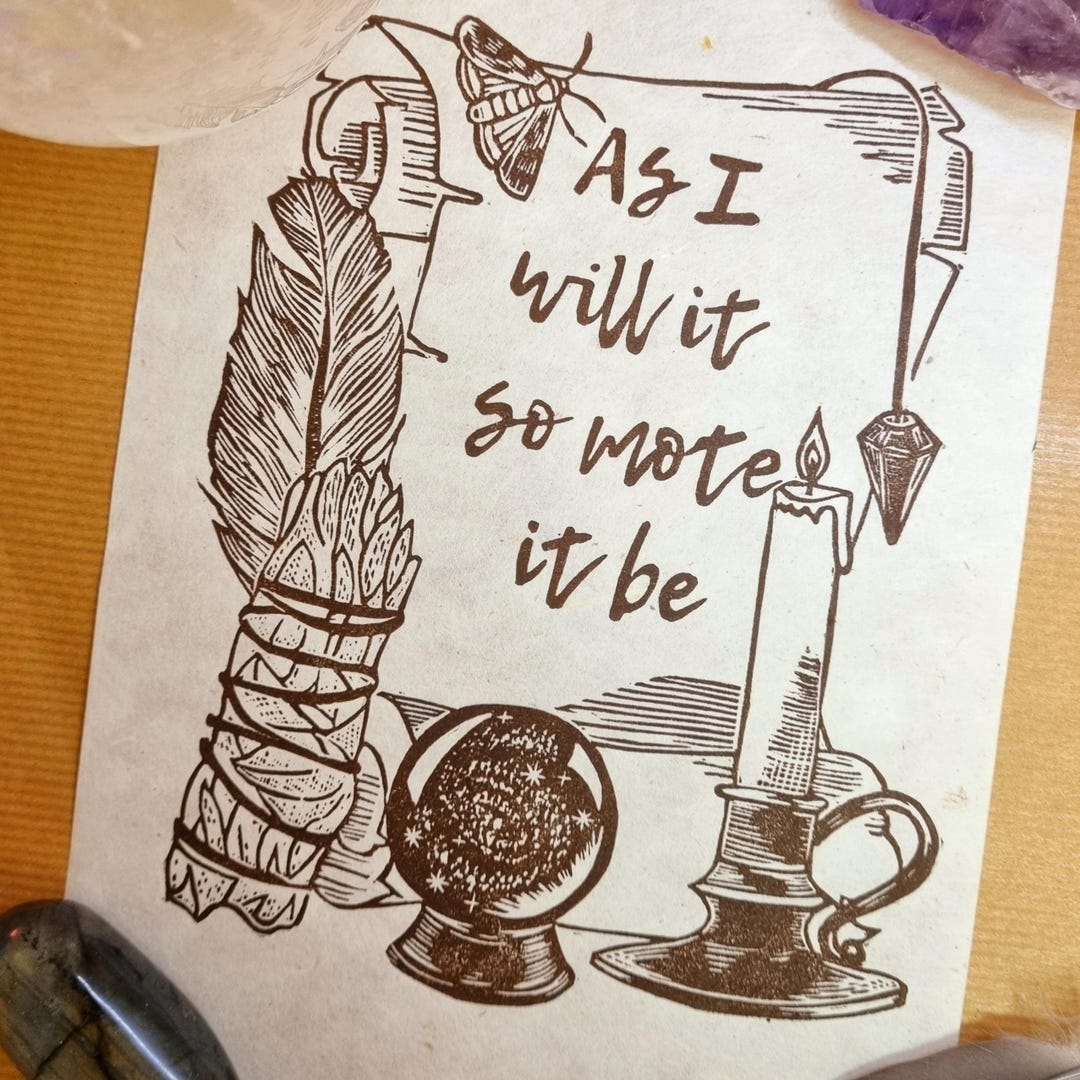 Witch Scroll Spell Ending 'so Mote It Be' Lino Print - Etsy