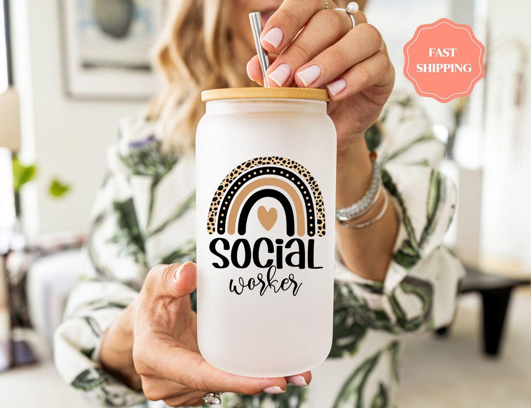 Social Worker Gift: Boho Rainbow Frosted Glass Cup With Bamboo Lid - Etsy