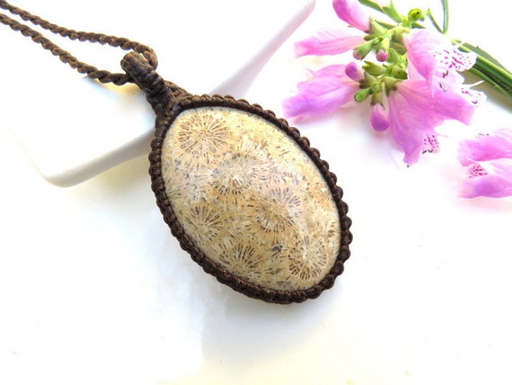 Agatized Coral Macrame Necklace Fossil Coral Jewelry Gemstone Jewelry Gift Gemstone Jewelry for Women Etsy