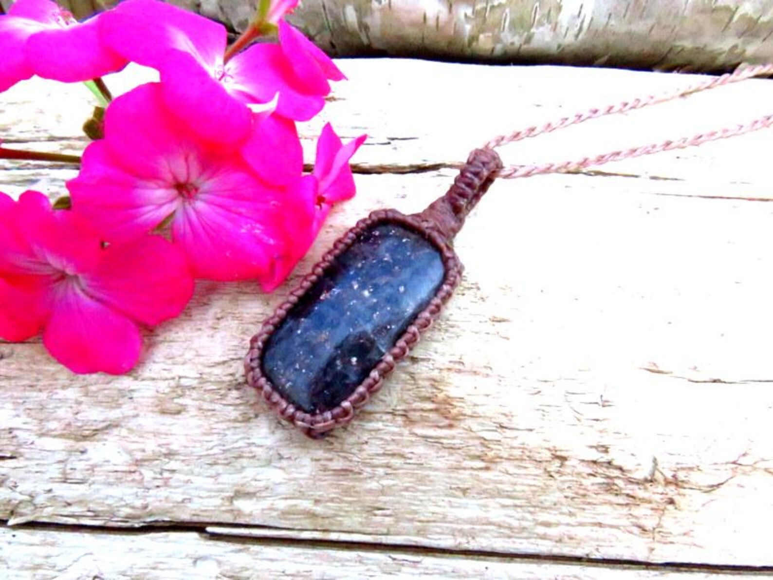 Iolite Sunstone Macrame Necklace, Flashy Blue Sunstone, Purple Sunstone ...