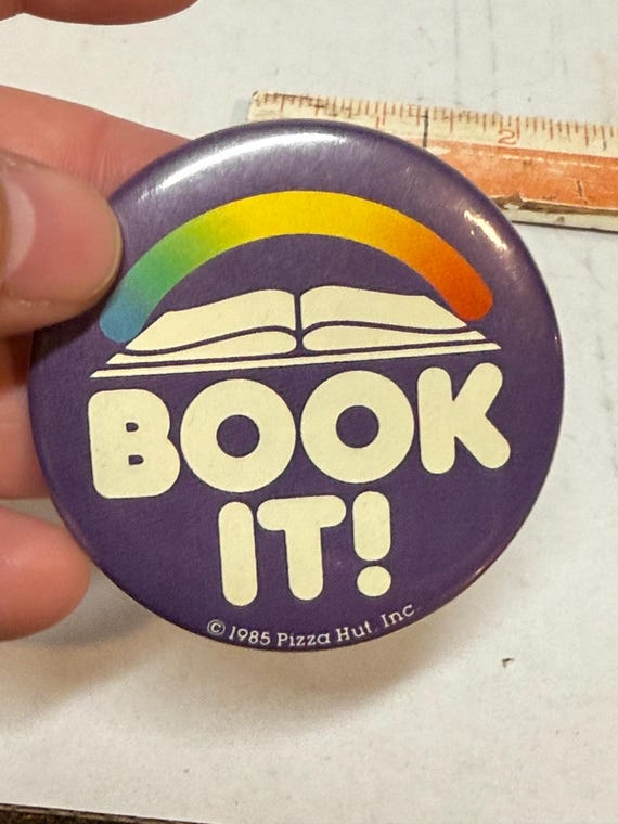 Vintage 1985 Pizza Hut Book It Pin/Button Purple 2.25” - Gem