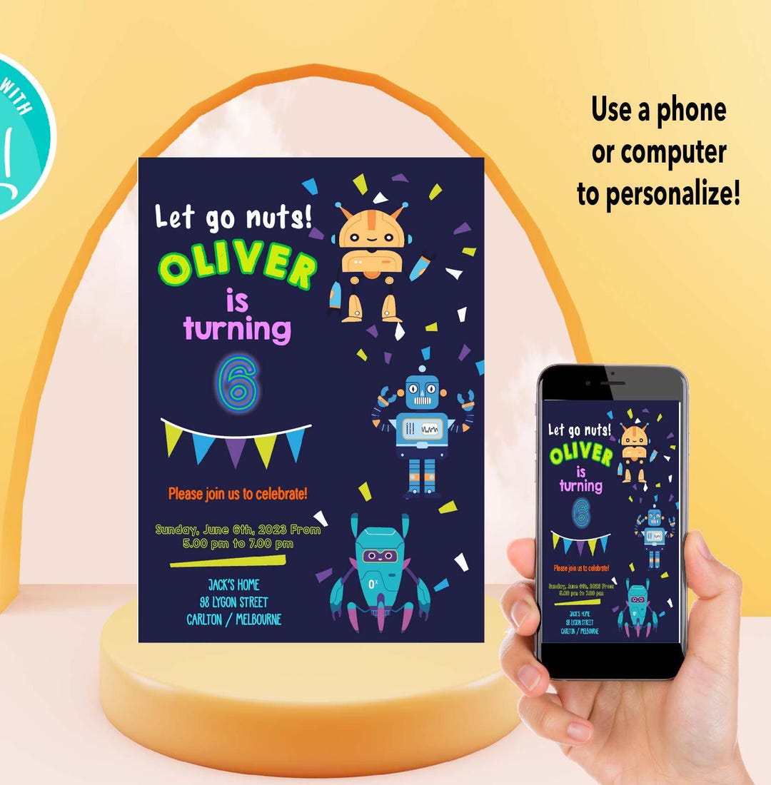 Robots Birthday Invitation, Robot Birthday Party, Little Robot, Robot ...