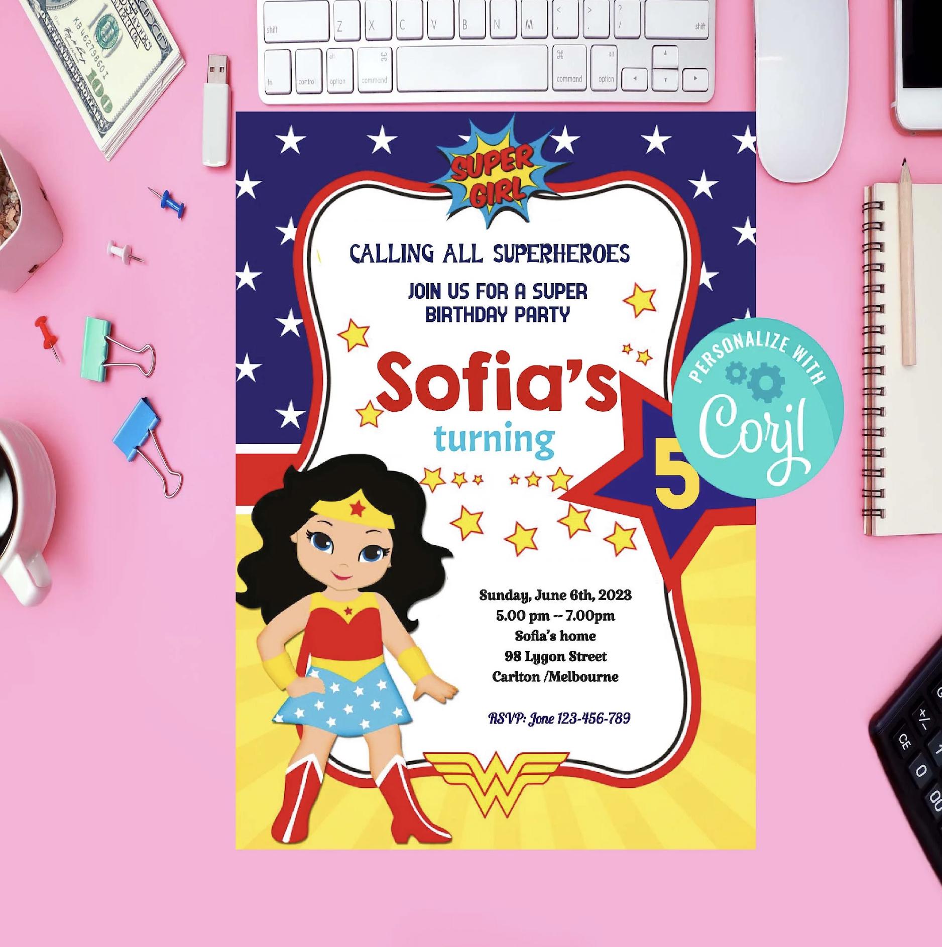 Girl Hero Birthday Invitation, Girl Hero Invitation , Girl Hero, Girl ...