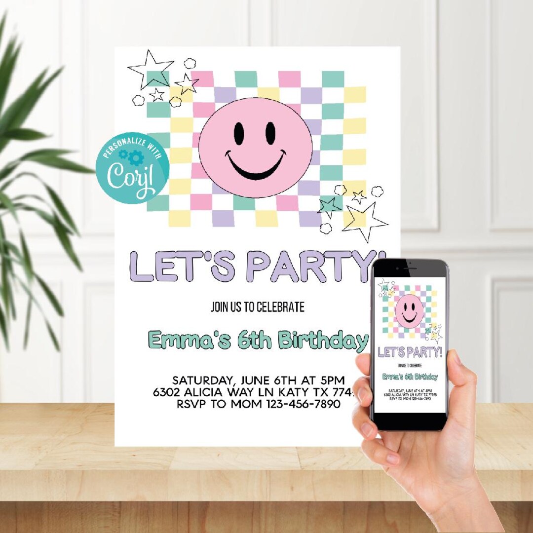 Smiley Face Birthday Party Invitation, Girls Groovy Birthday, Let's ...