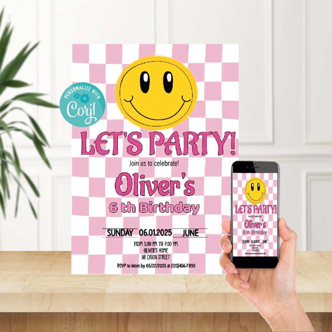 Editable Smiley Face Birthday Party Invitation, Girls Groovy Birthday ...
