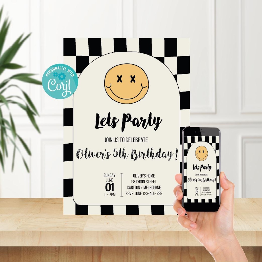 Editable Smiley Face Birthday Party Invitation, Girls Groovy Birthday ...