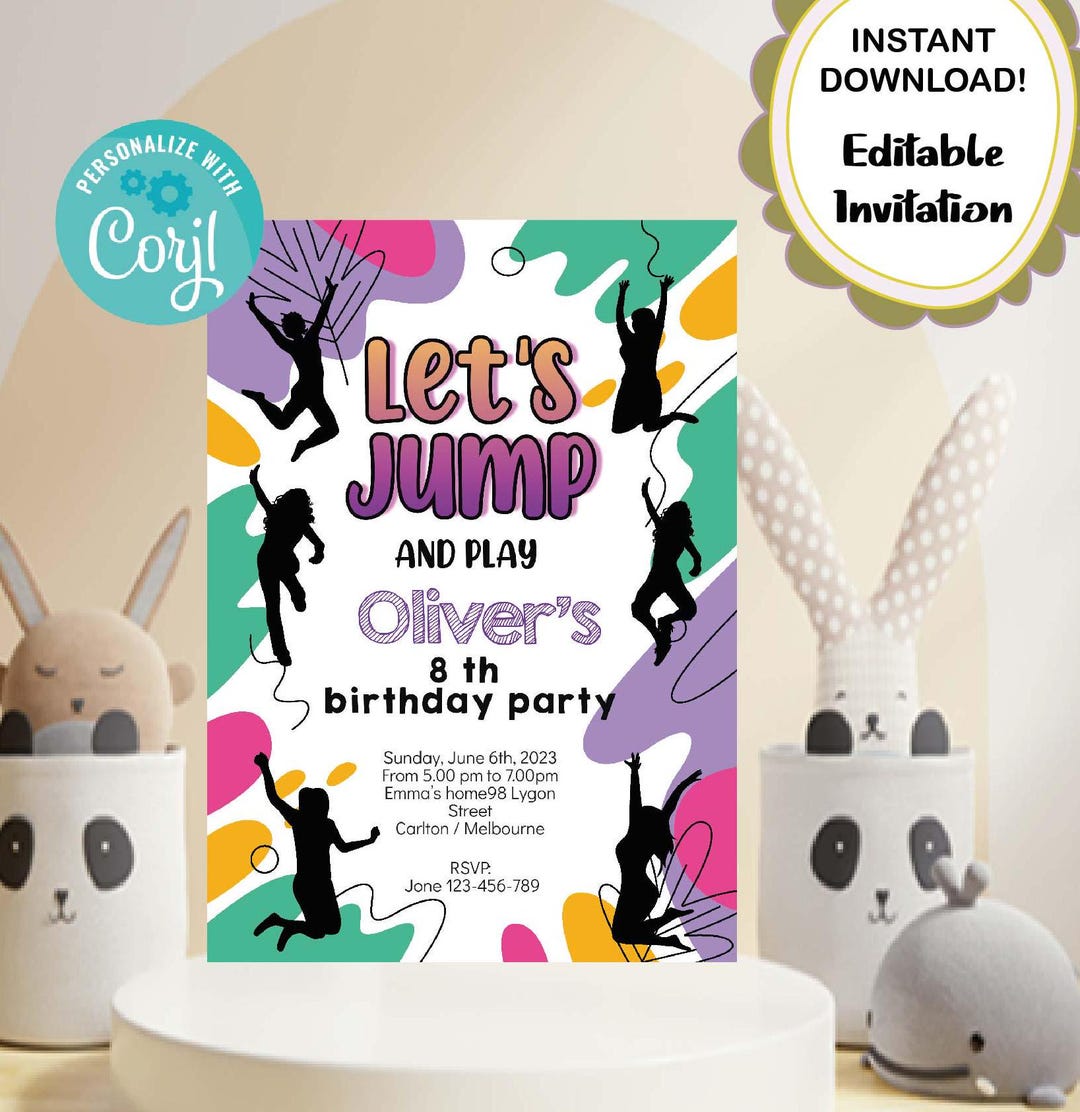 Jump Invitation, Editable Pink Jump Birthday Invite, Trampoline Park ...