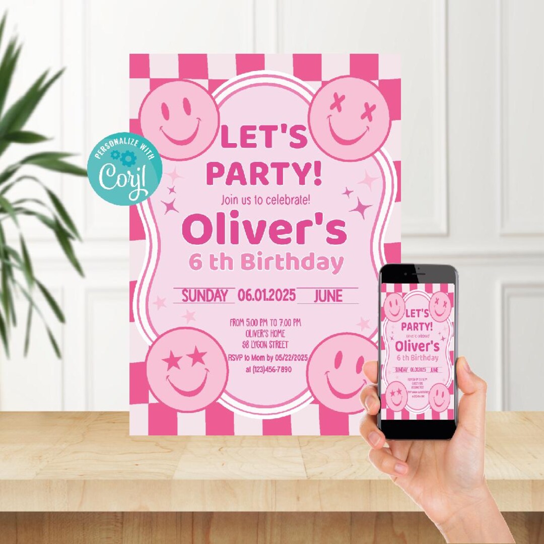 Smiley Face Birthday Party Invitation, Girls Groovy Birthday, Let's ...