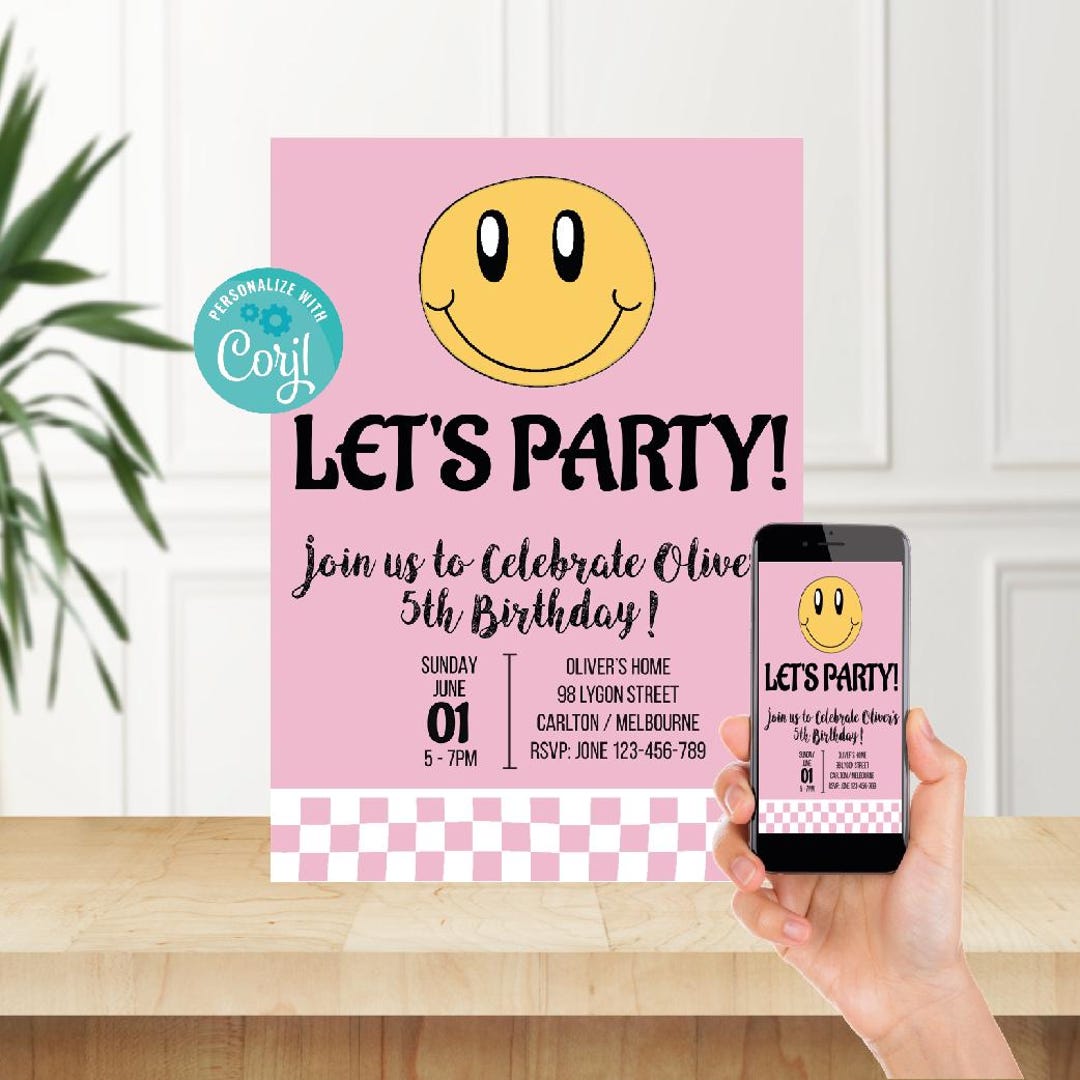 Smiley Face Birthday Party Invitation, Girls Groovy Birthday, Let's ...