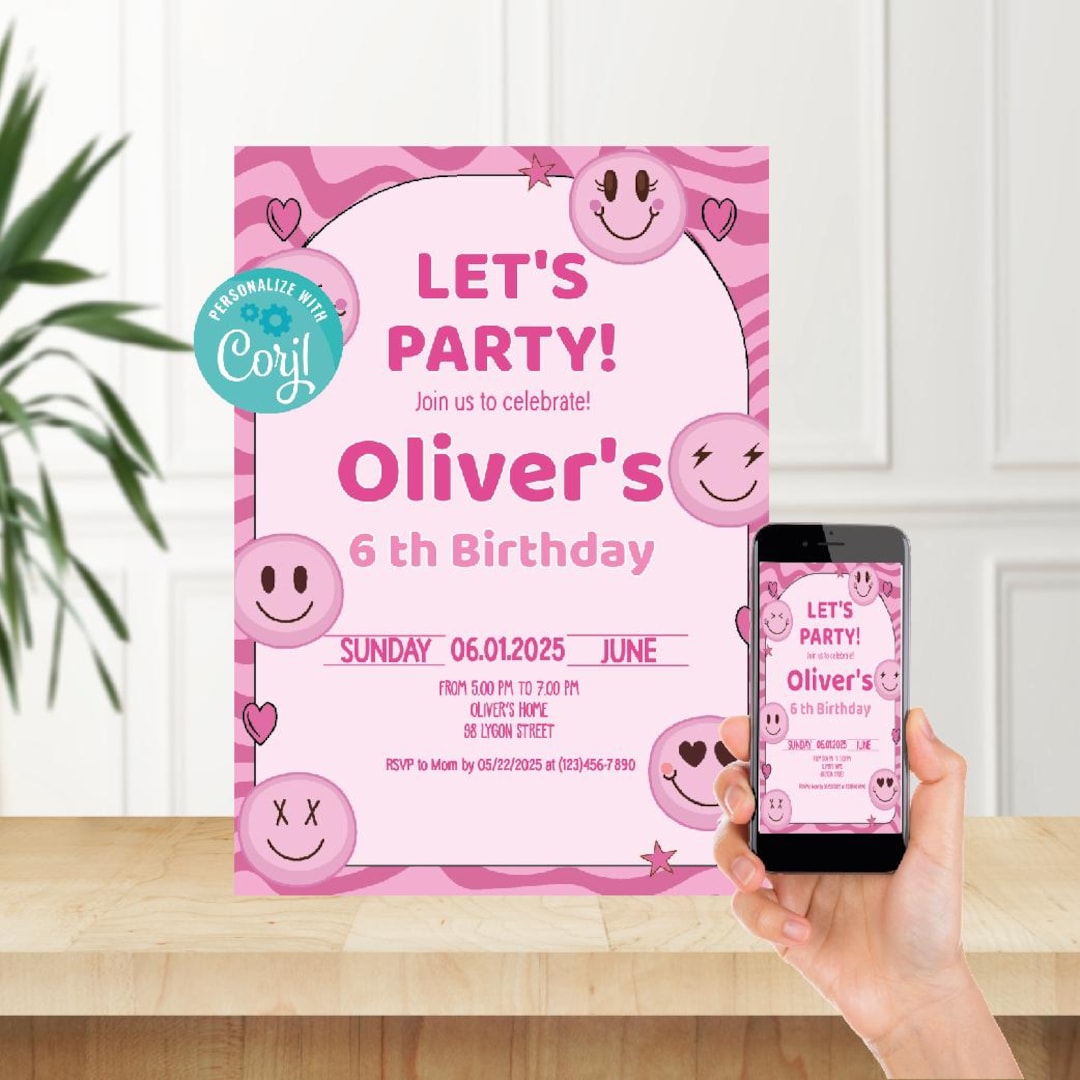 Smiley Face Birthday Party Invitation, Girls Groovy Birthday, Let's ...