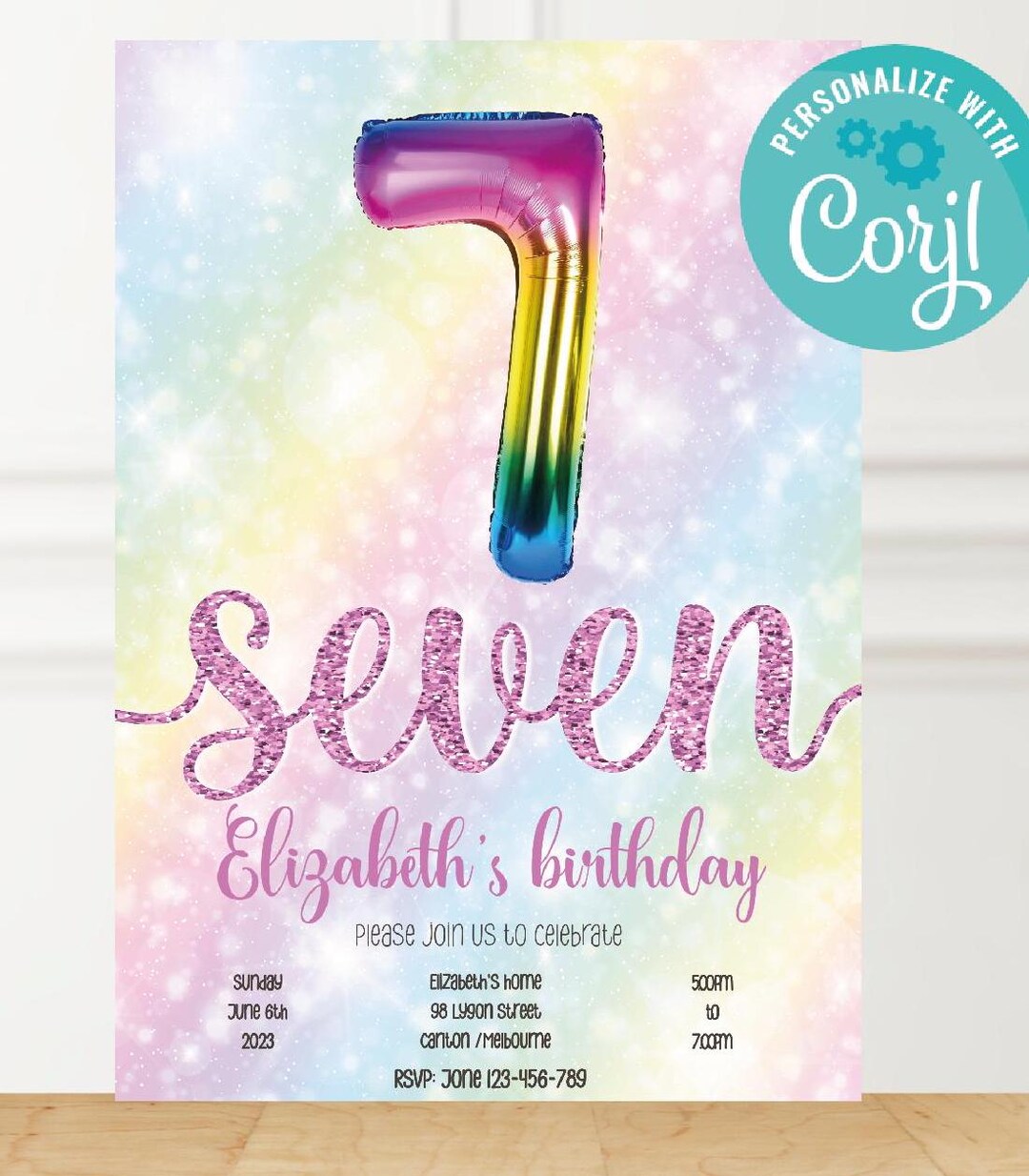 7th Birthday Invitation, Glitter Birthday Invite, Rainbow Birthday ...