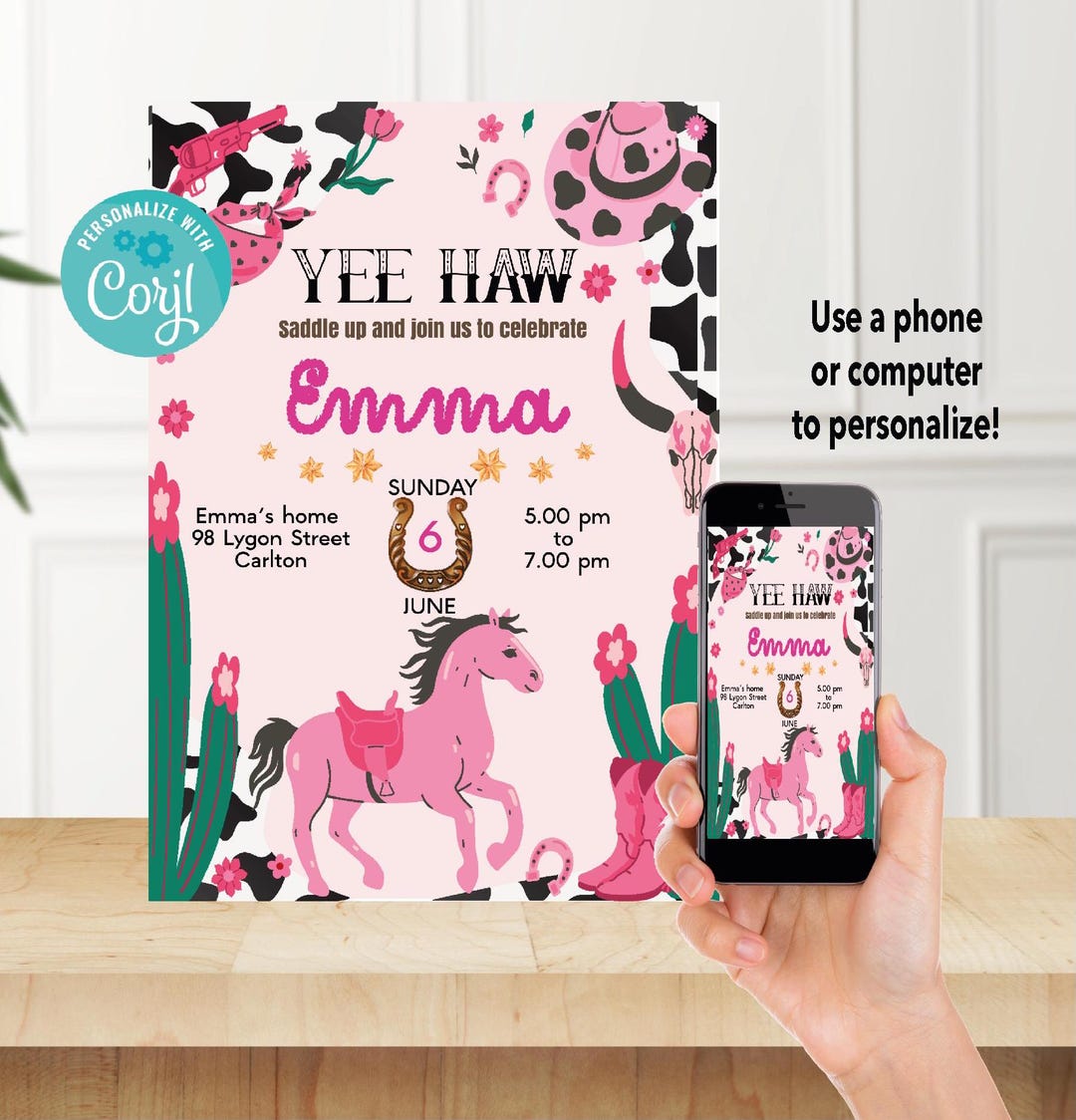 Pink Cowgirl Birthday Party Invitation, Pink Rodeo First Birthday ...