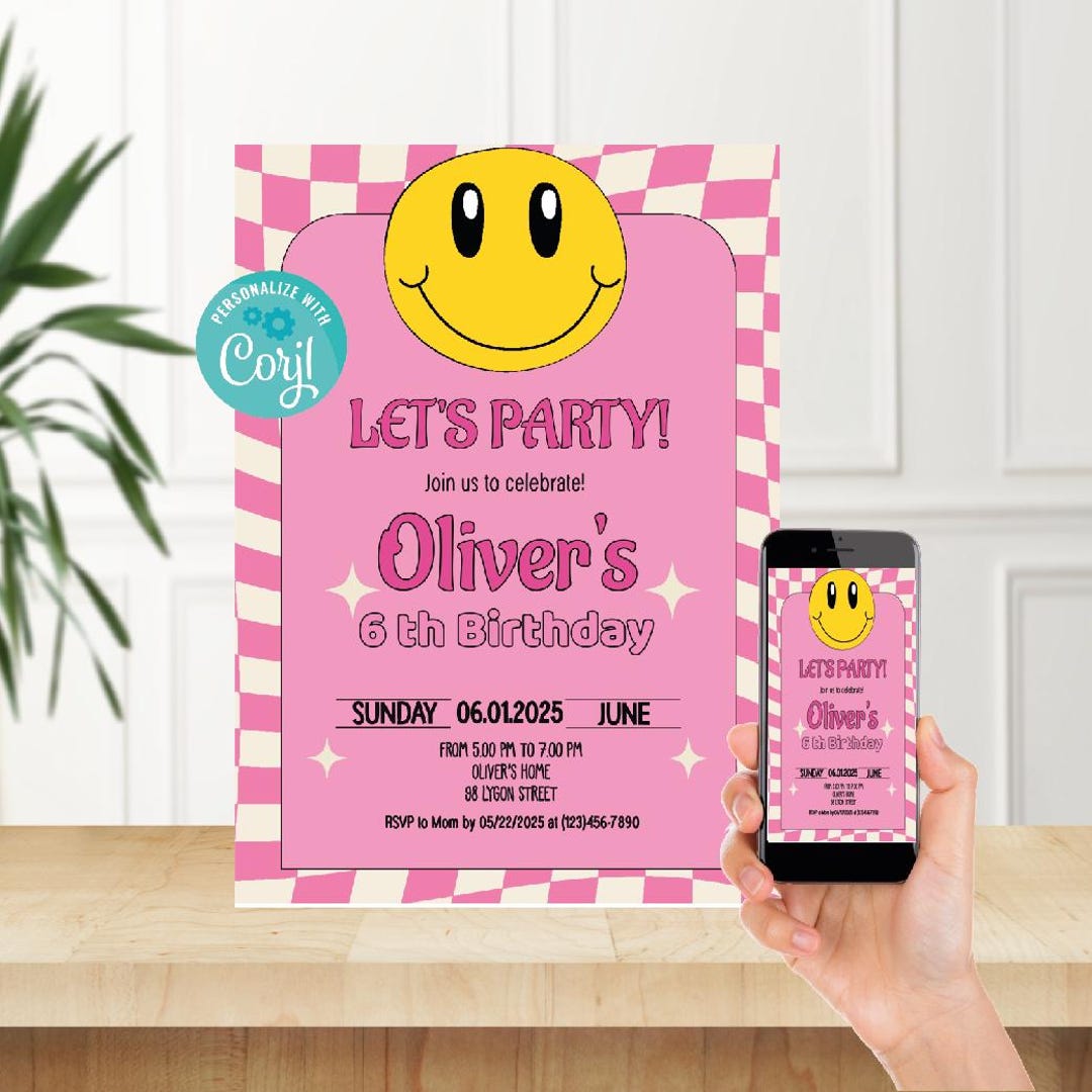 Smiley Face Birthday Party Invitation, Girls Groovy Birthday, Let's ...