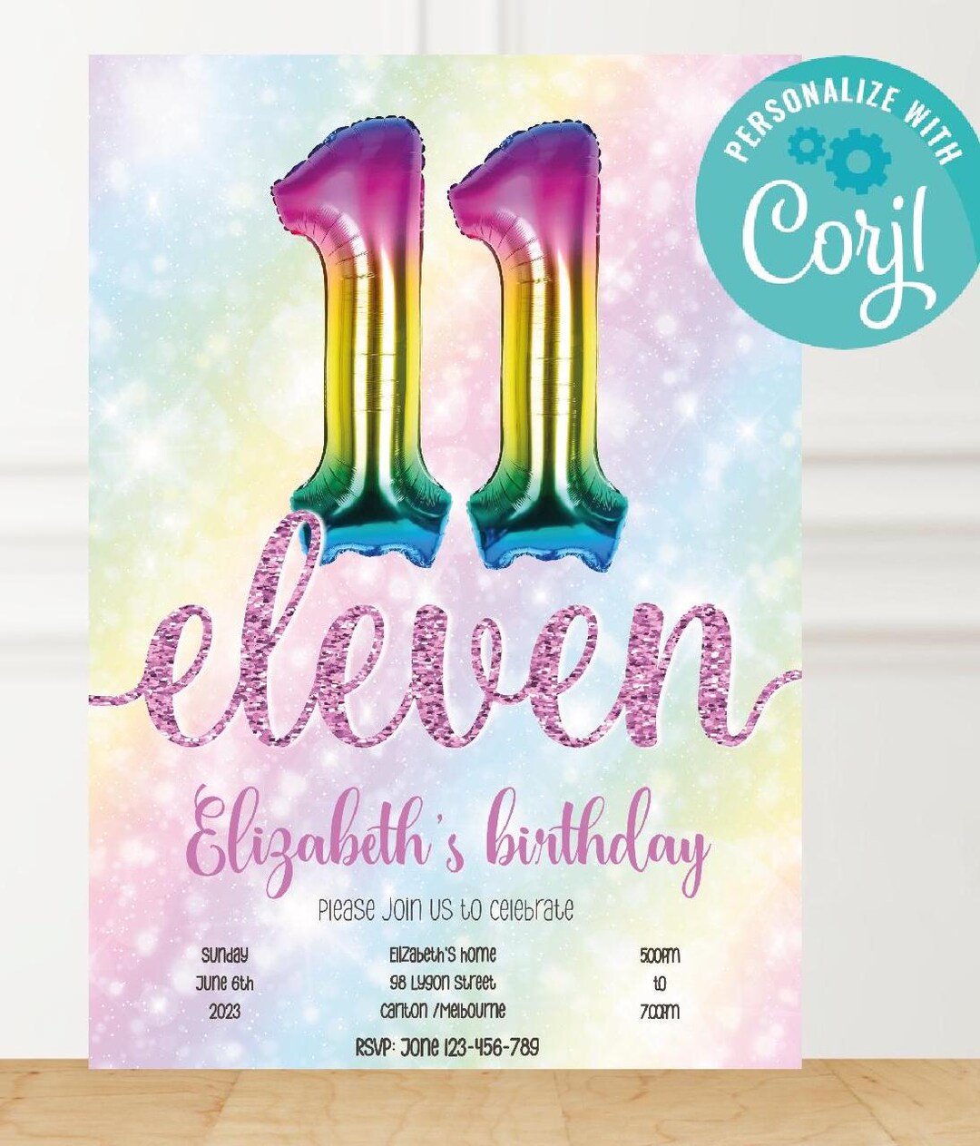 11th Birthday Invitation, Glitter Birthday Invite, Rainbow Birthday ...