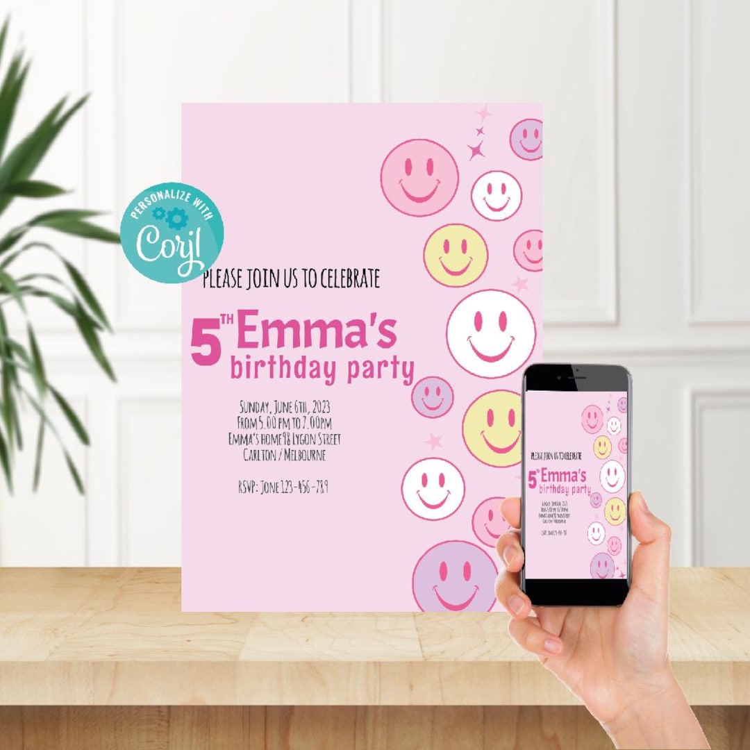 Smiley Face Birthday Party Invitation, Girls Groovy Birthday, Let's ...