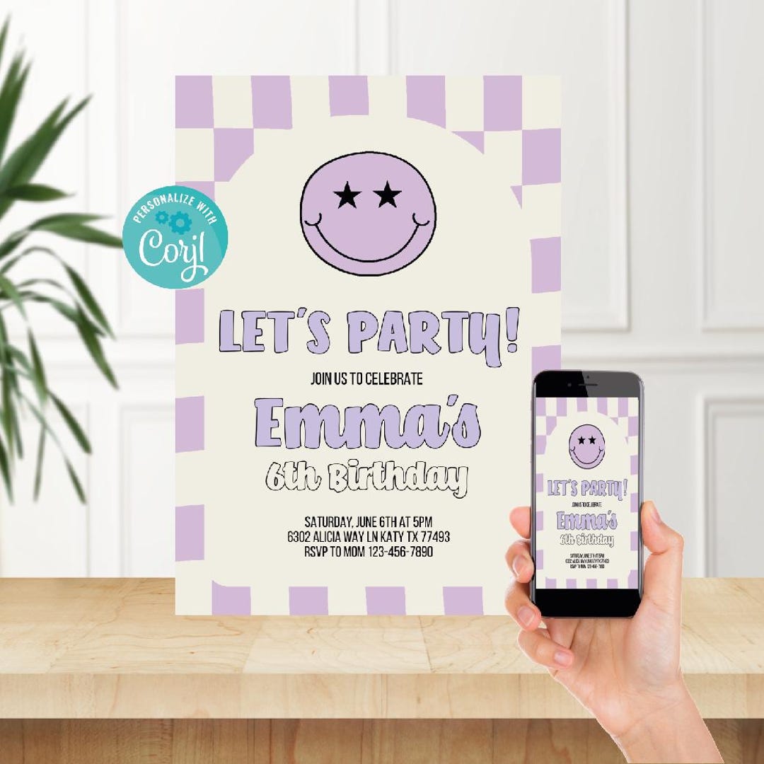 Smiley Face Birthday Party Invitation, Girls Groovy Birthday, Let's ...