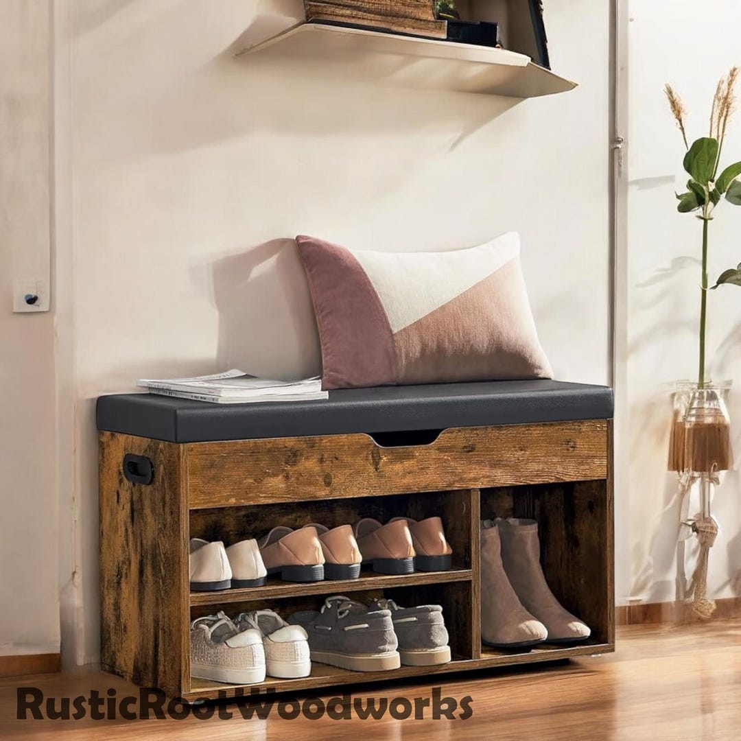 Handmade Shoe Rack, Storage Bench With Cushion, Padded Shoe Bench for ...