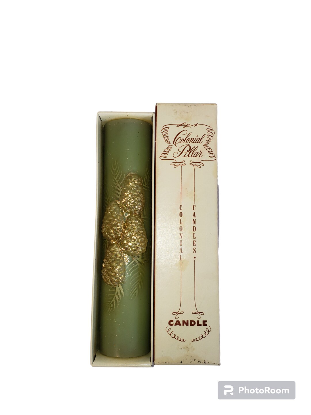 Vintage 9" Colonial Pillar Candle Pome Green # 26 W/pine Cones ...