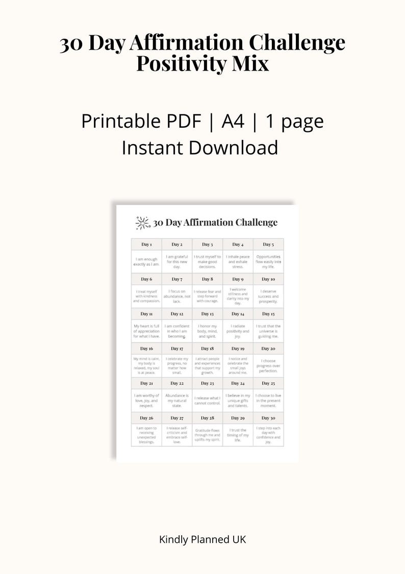 30 Day Affirmation Challenge Printable | Self Love, Confidence ...