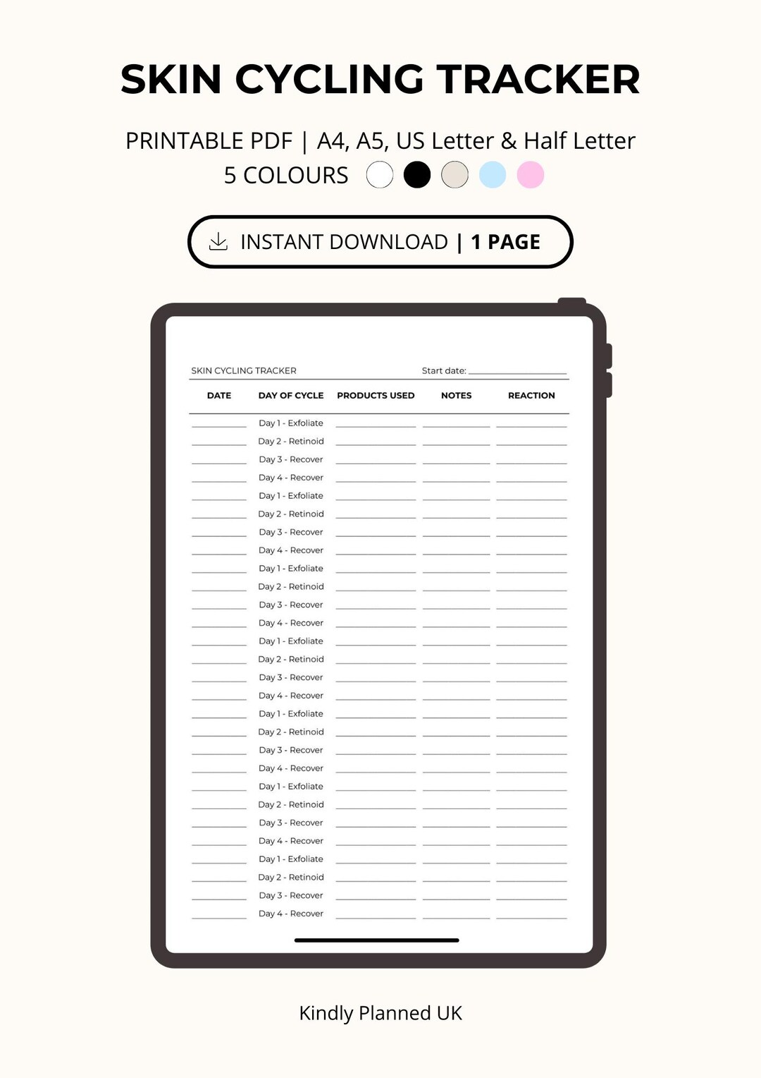 Skin Cycling Tracker Printable | Skincare Routine Planner Minimal ...