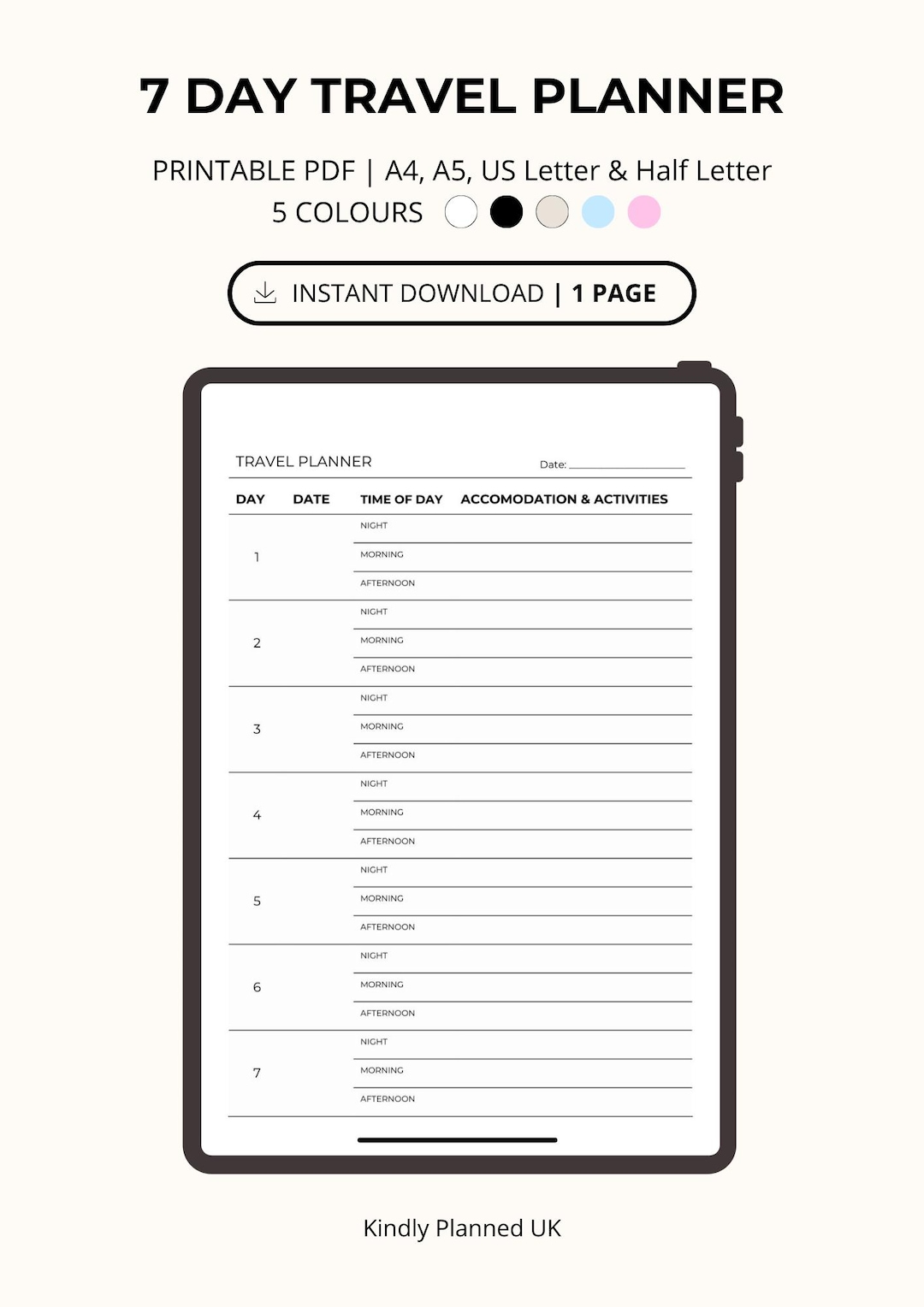 7 Day Travel Planner Printable | Minimal Trip Itinerary Planner ...