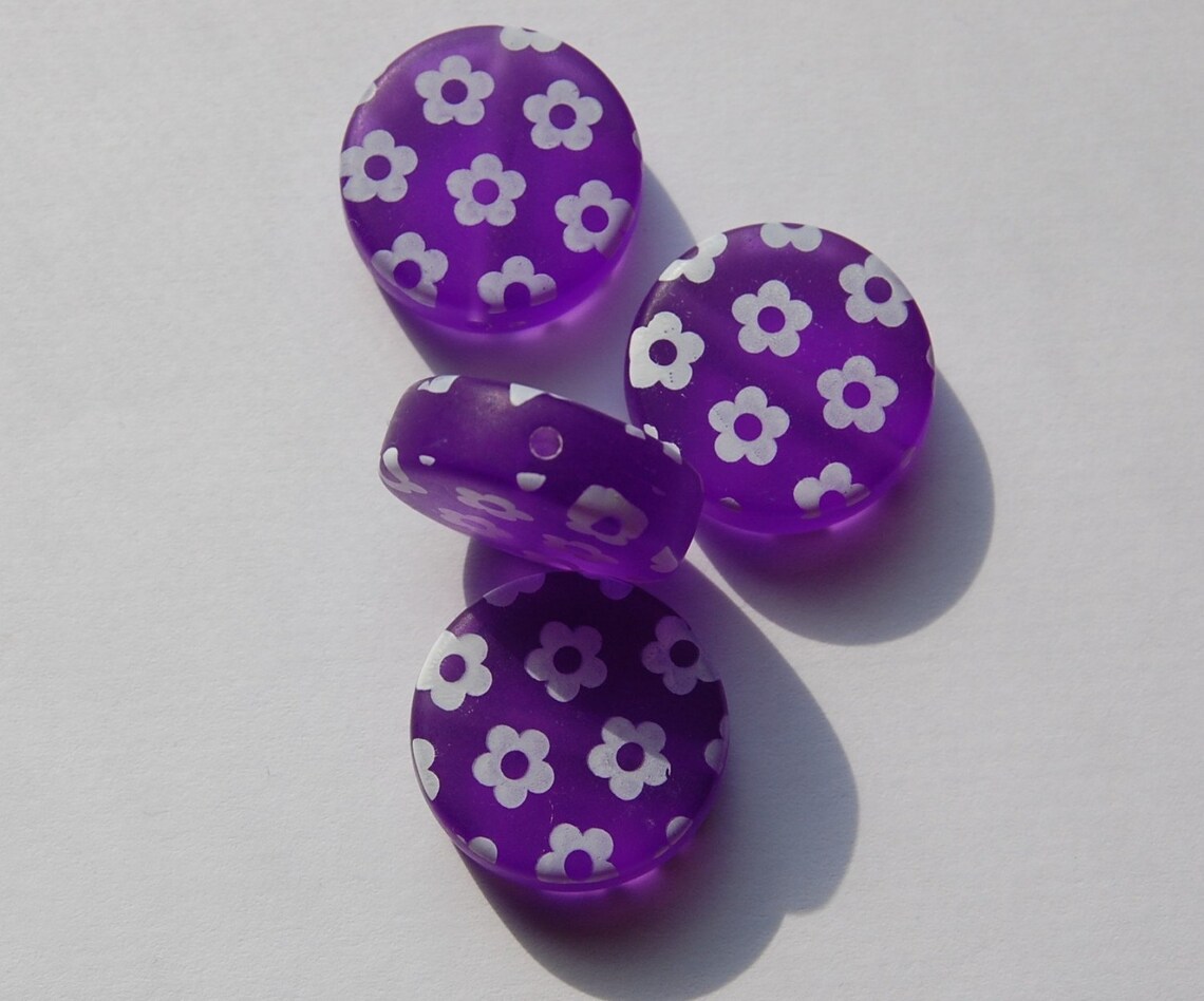 Vintage Purple Disc Beads With White Flowers Bds027a - Etsy
